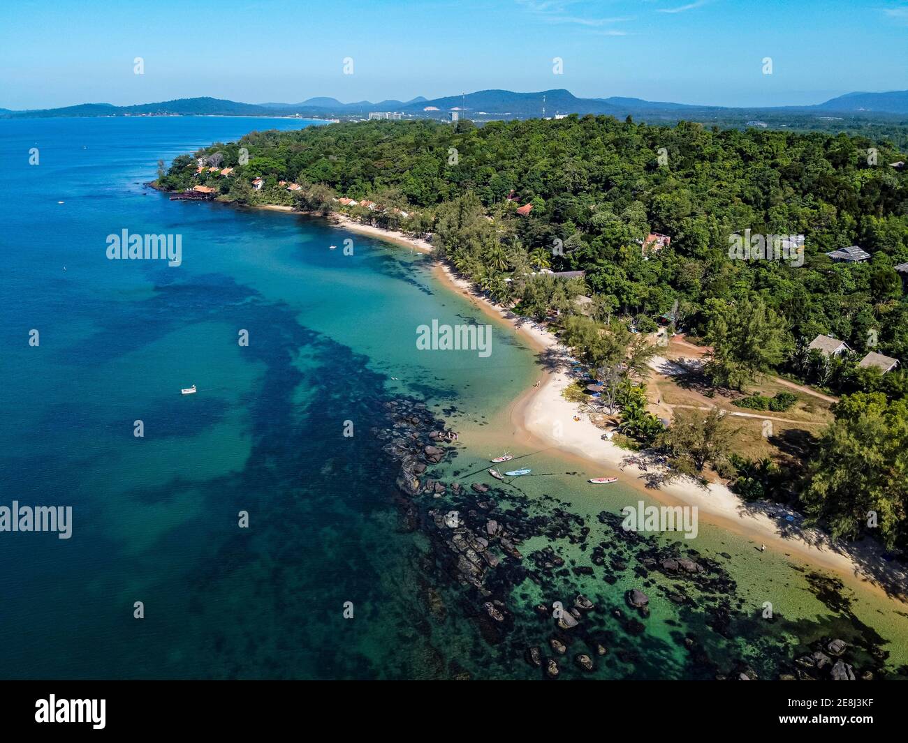Aerial of the clear waters of Ong Lang beach, island of Phu Quoc ...
