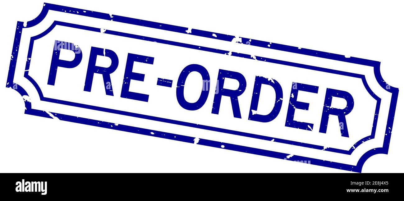 Grunge blue pre order word rubber business seal stamp on white ...