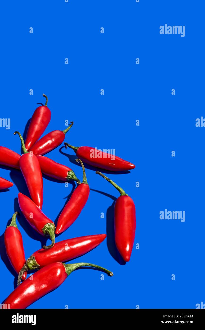 Top view composition with red fresh exotic peppers used as spice or ...