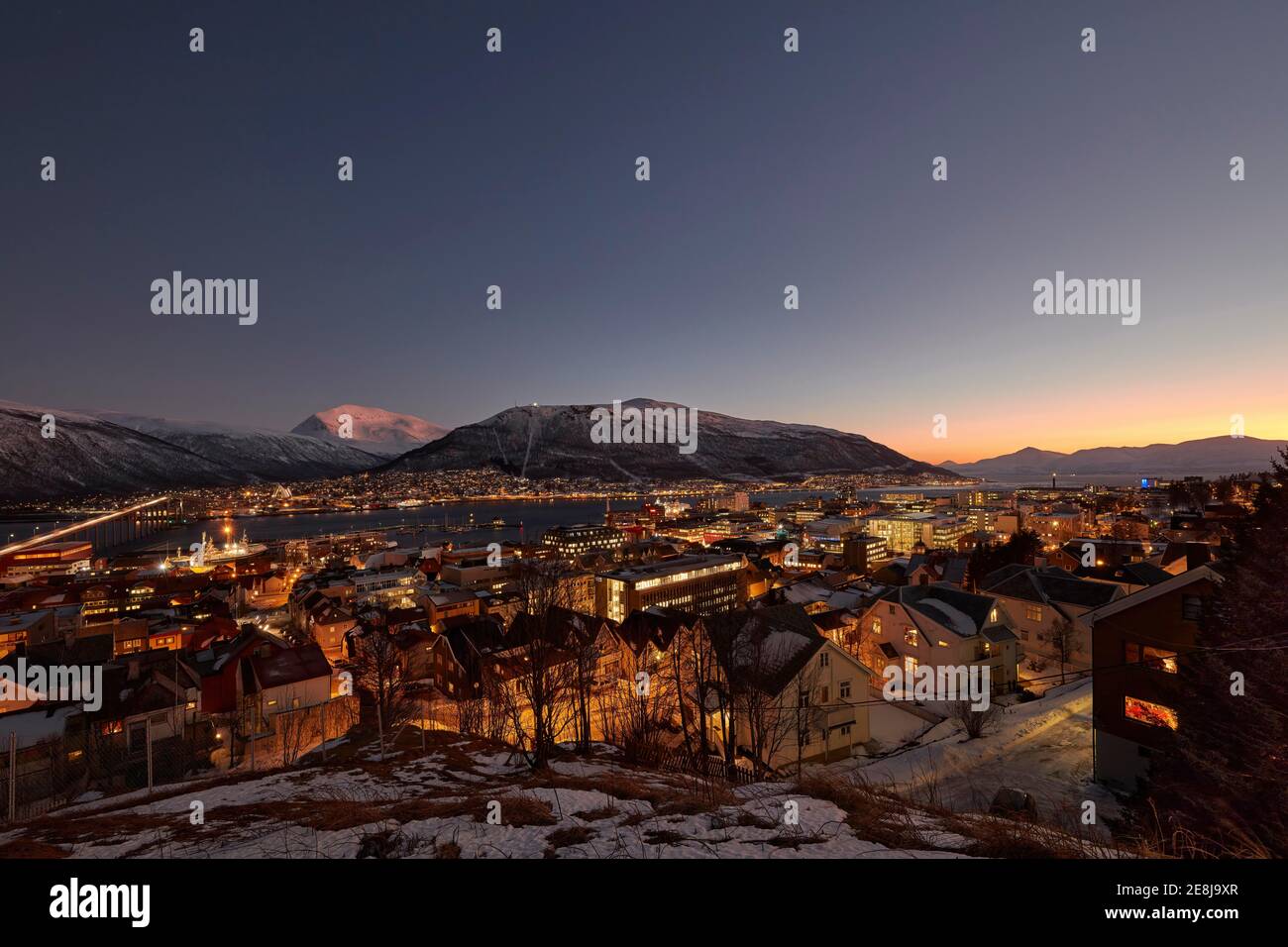 View of the city, light atmosphere in the polar night, Tromso, Troms ...