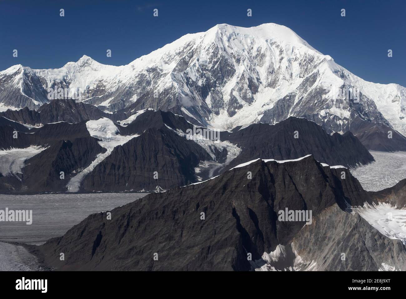 Mount Denali, aerial view of the south side of the peak, in front ...