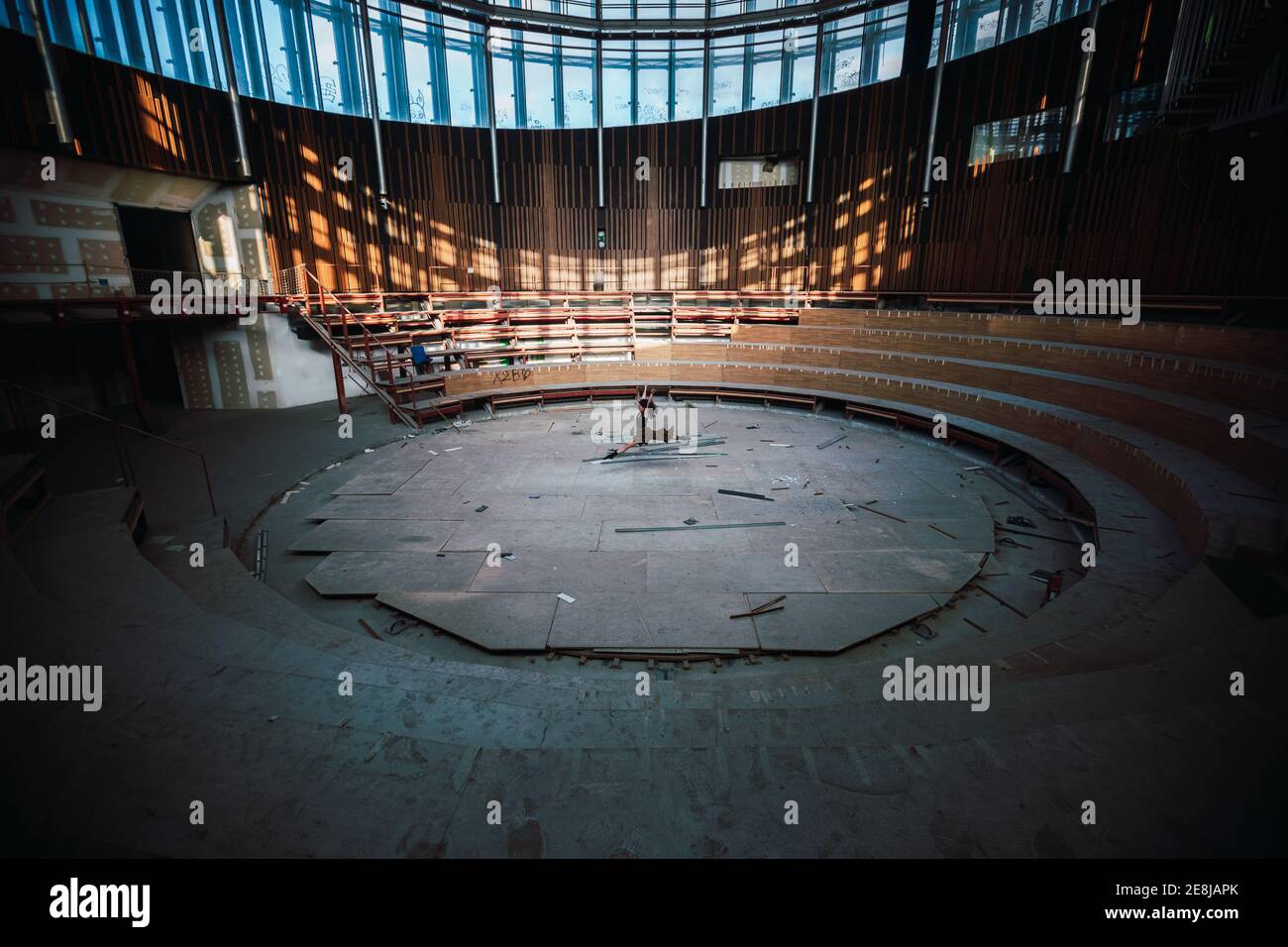 Side view of anonymous flexible female theater artist in split with ...
