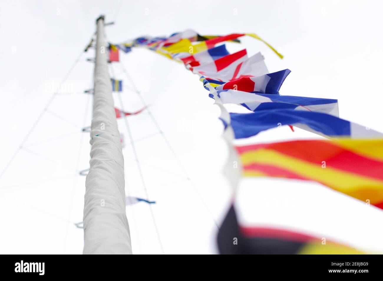 A low angle shot of the flags of different countries waving on a flag ...