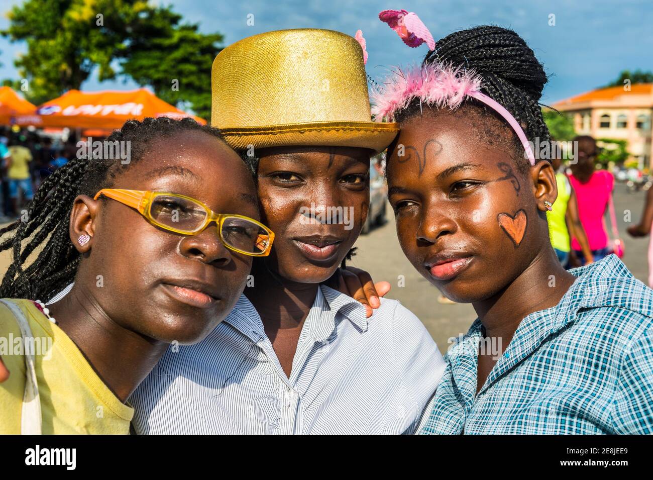 Friendly girls at the Carneval in the town of Sao Tome, Sao Tome and ...