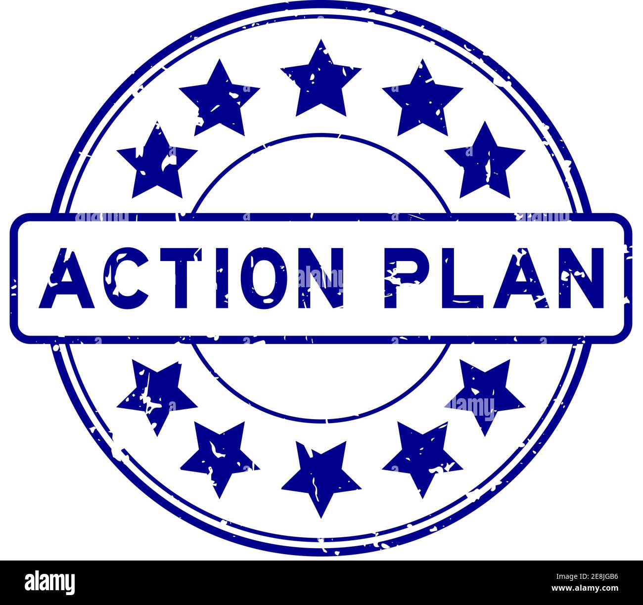 Grunge blue action plan word with star icon round rubber seal stamp on ...