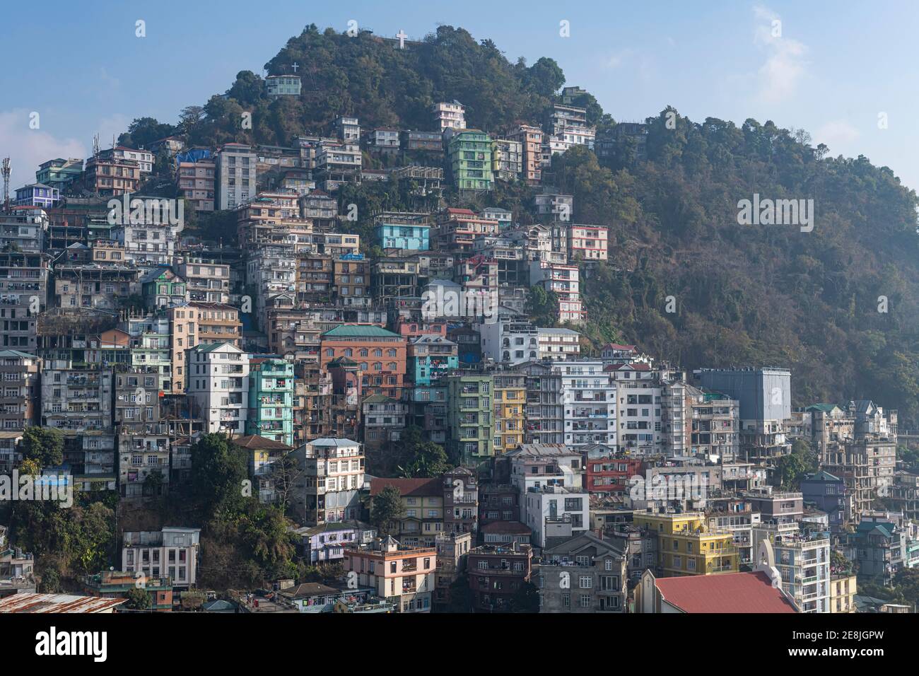 Overlook over the houses perched on he hills in Aizawl, Mizoram, India ...