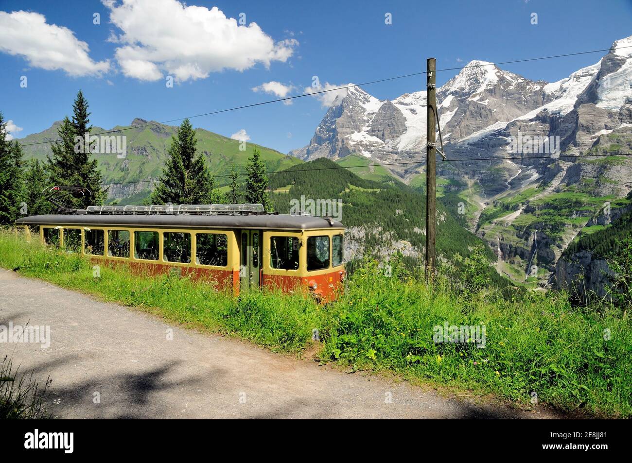 A Bergbahn-Lauterbrunnen-Murren train near Murren, looking across the ...