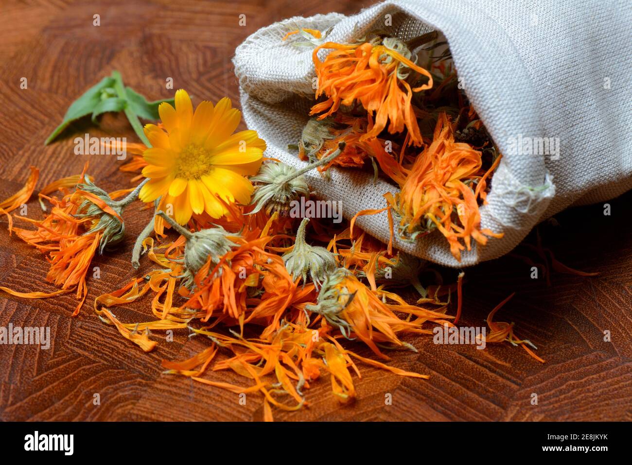 Dried marigold flowers in small bags, Marigold ( Calendula officinalis ...