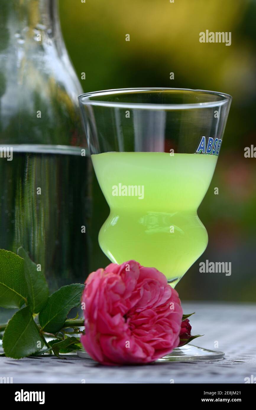 Glass of Absinthe with water carafe, Green Fairy Stock Photo - Alamy