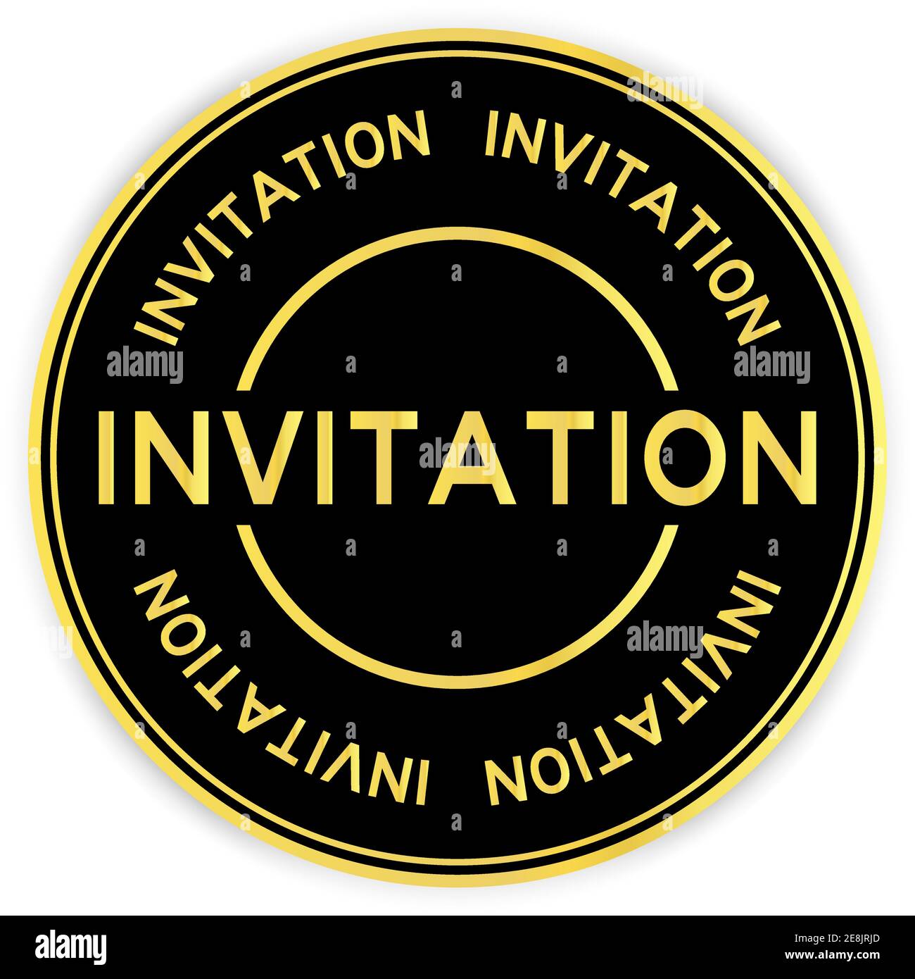 Black and gold color round sticker with word invitation on white ...