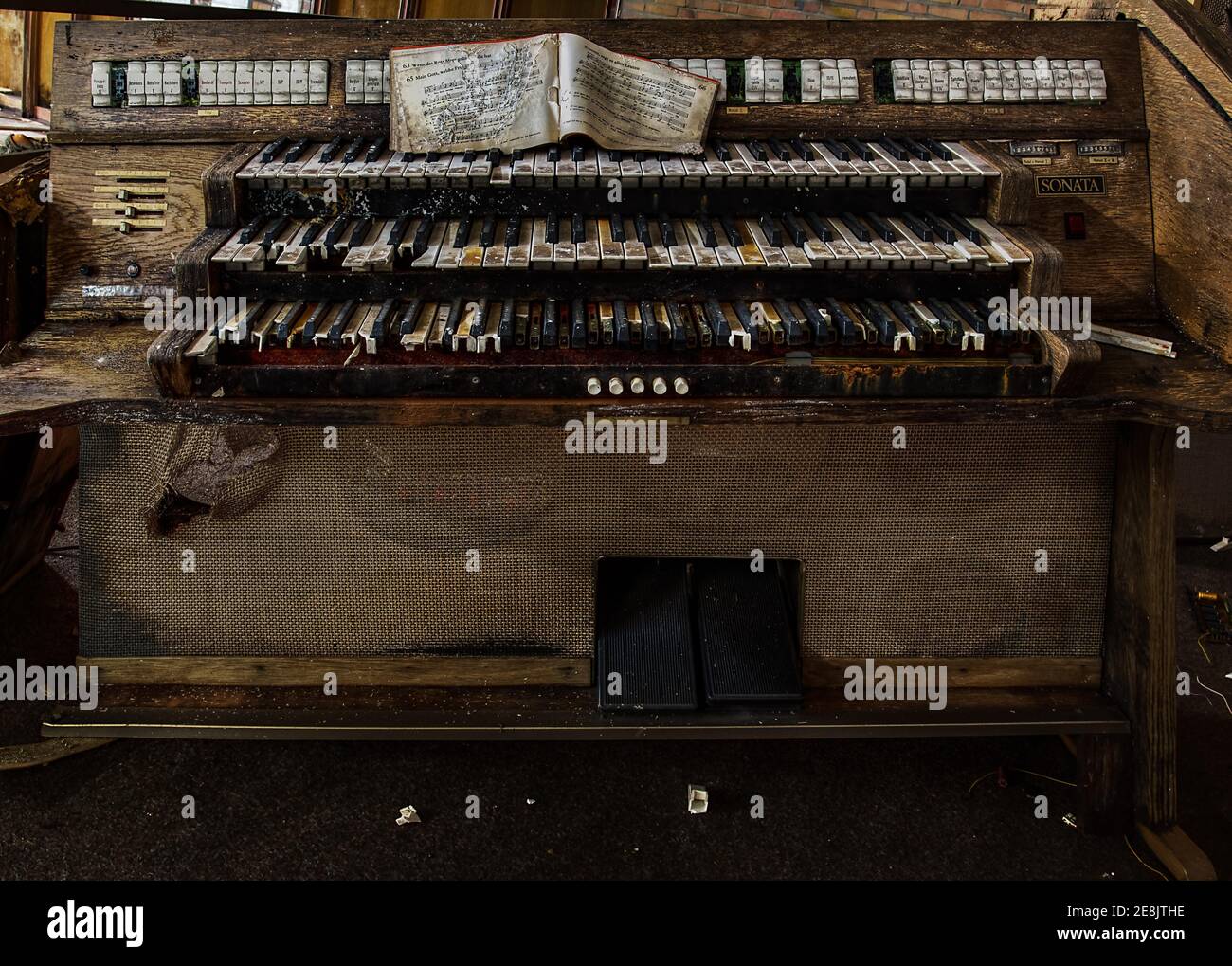Old broken organ in former parish hall, Lost Place, North Rhine ...