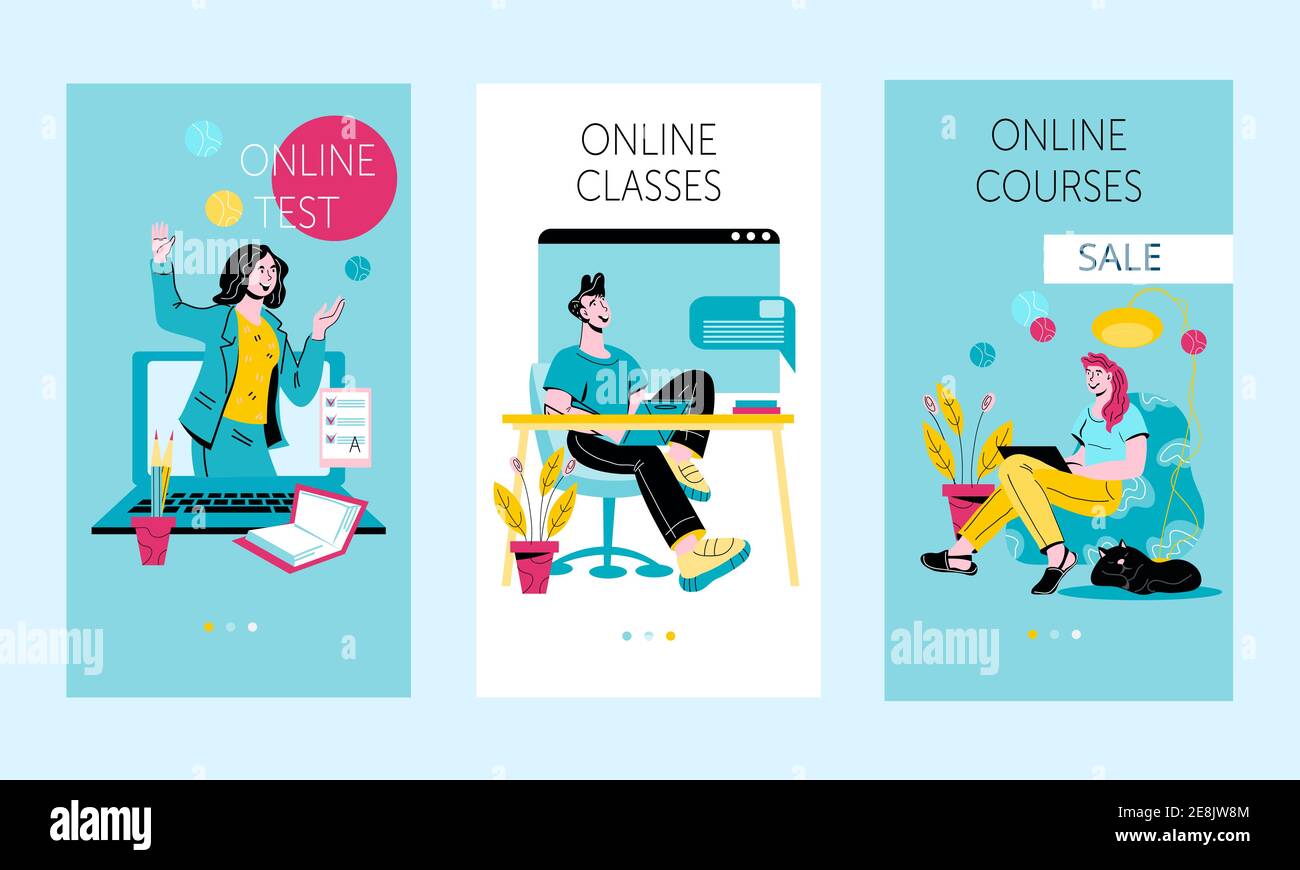Online courses and distance onboarding screen templates with cartoon ...