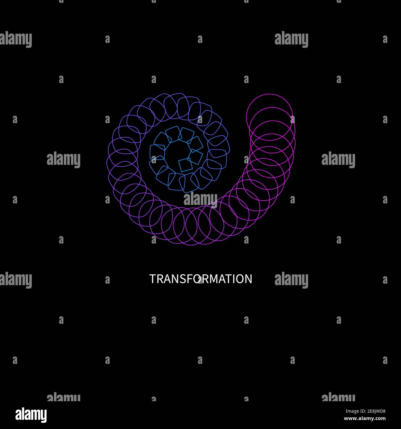 Spiral transformation, square changing into circle. Evolution, progress ...
