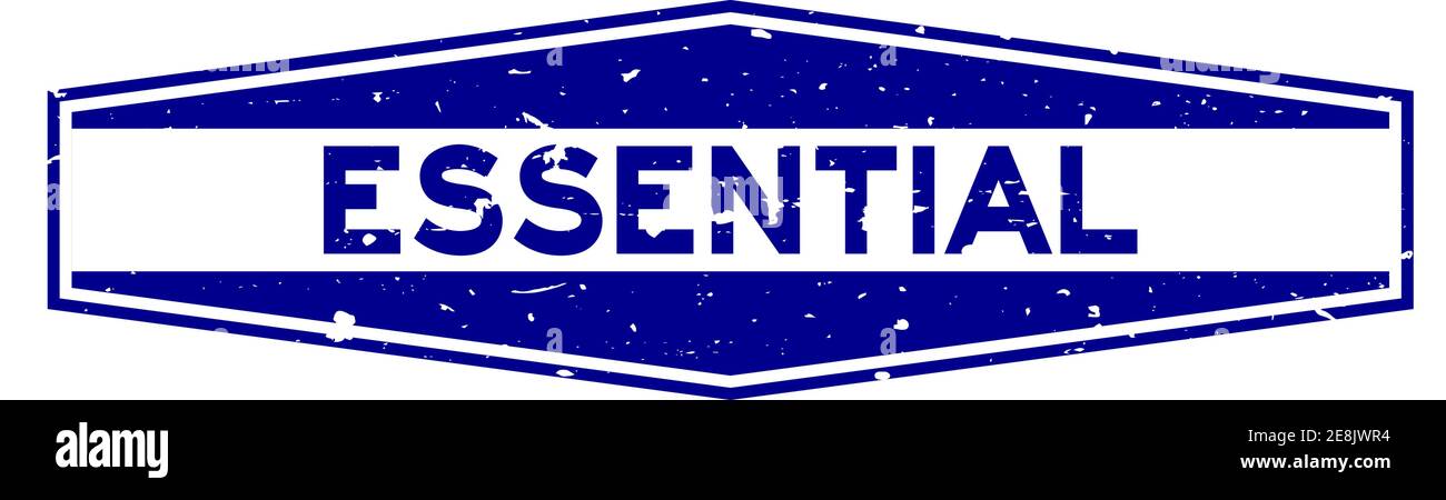 Grunge blue essential word hexagon rubber seal stamp on white ...