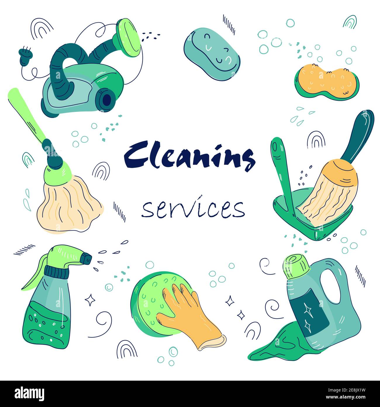 Cleaning service banner template with various washing tools and ...