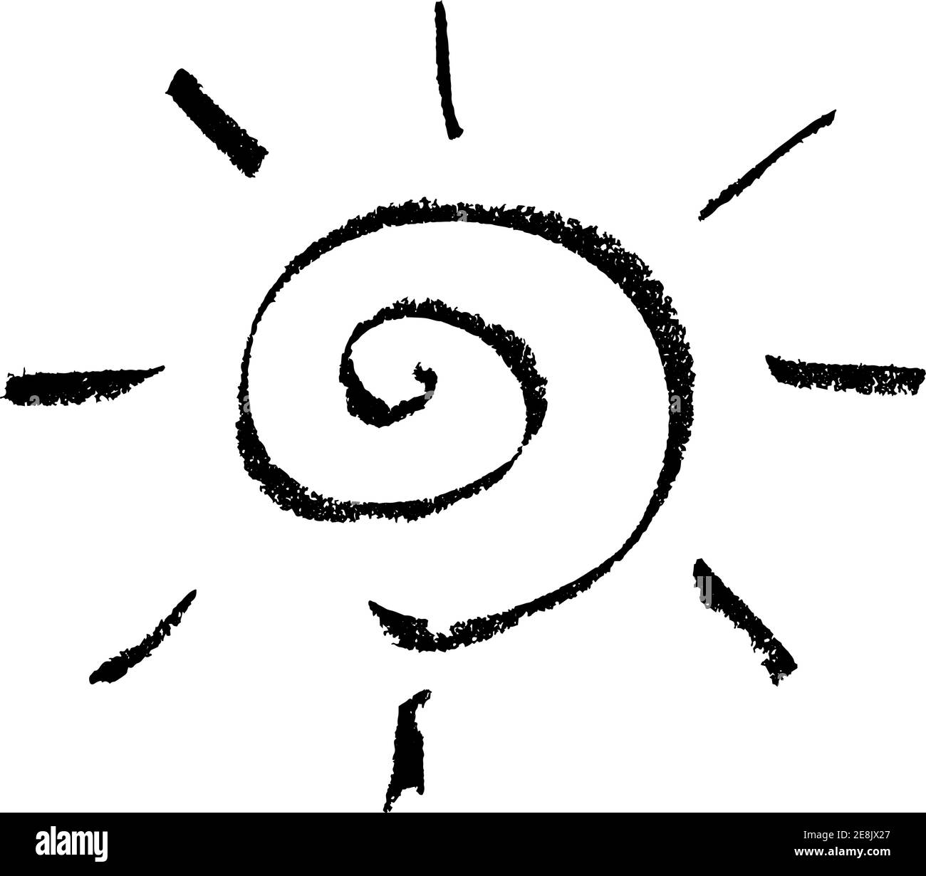 Black textured line in spiral sun with light ray shape on white ...