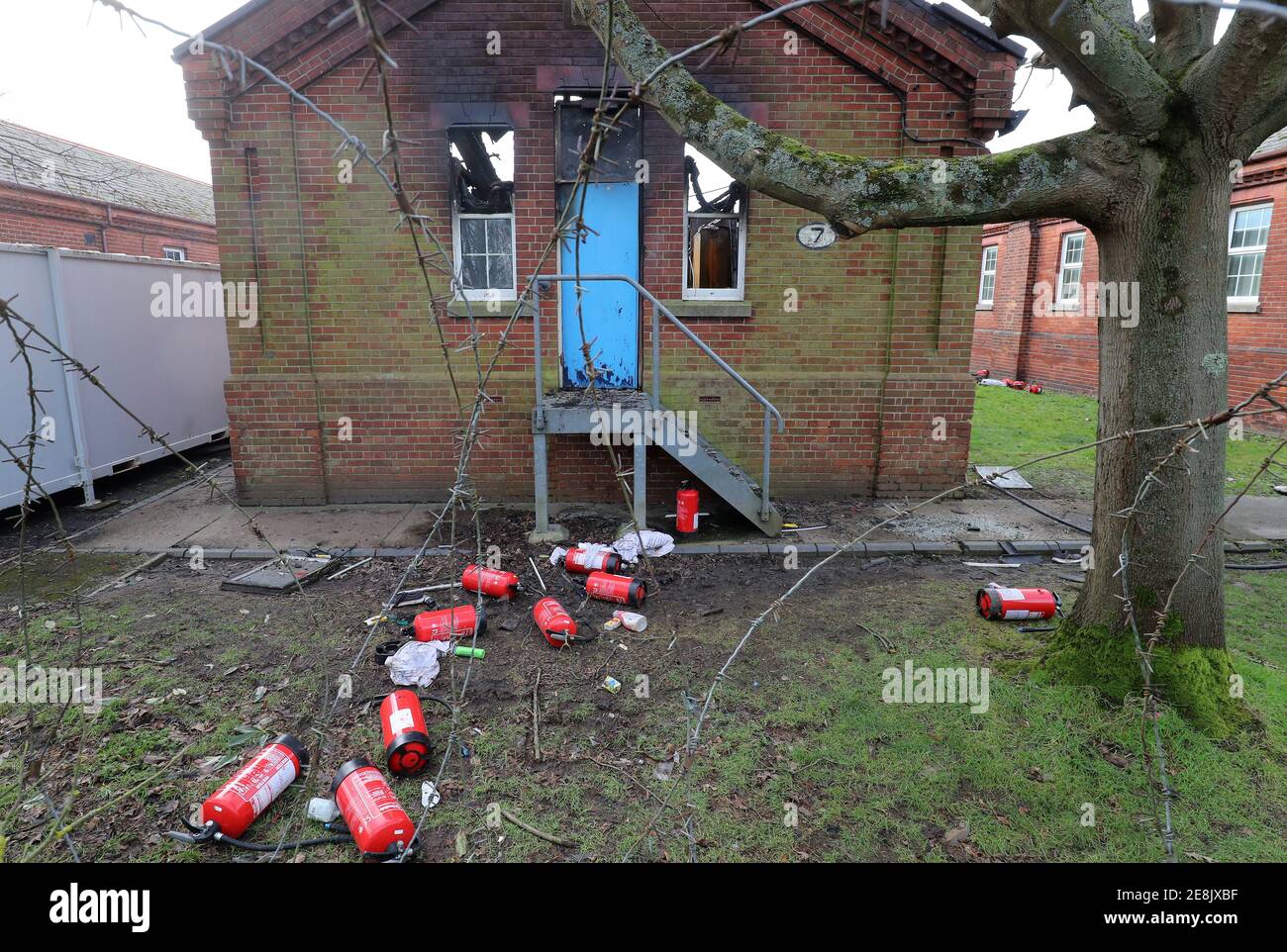 A burnt out accommodation block at Napier Barracks in Folkestone, Kent ...