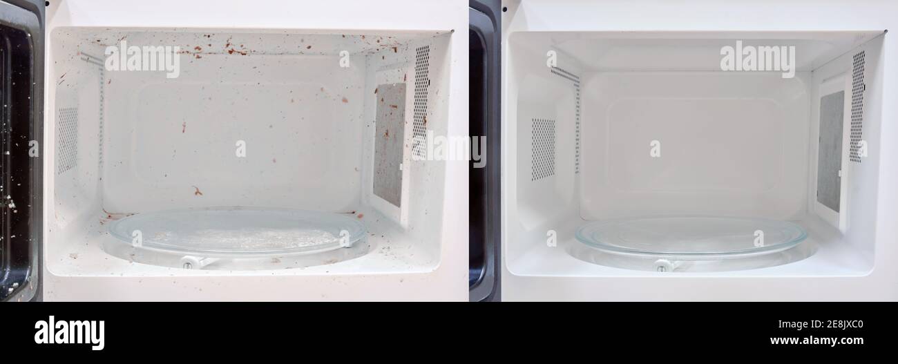 Clean and dirty microwave before and after cleaning, close-up. Kitchen ...
