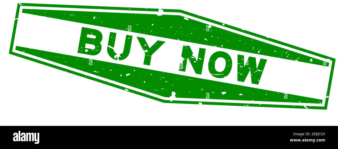 Grunge green buy now word hexagon rubber seal stamp on white background ...