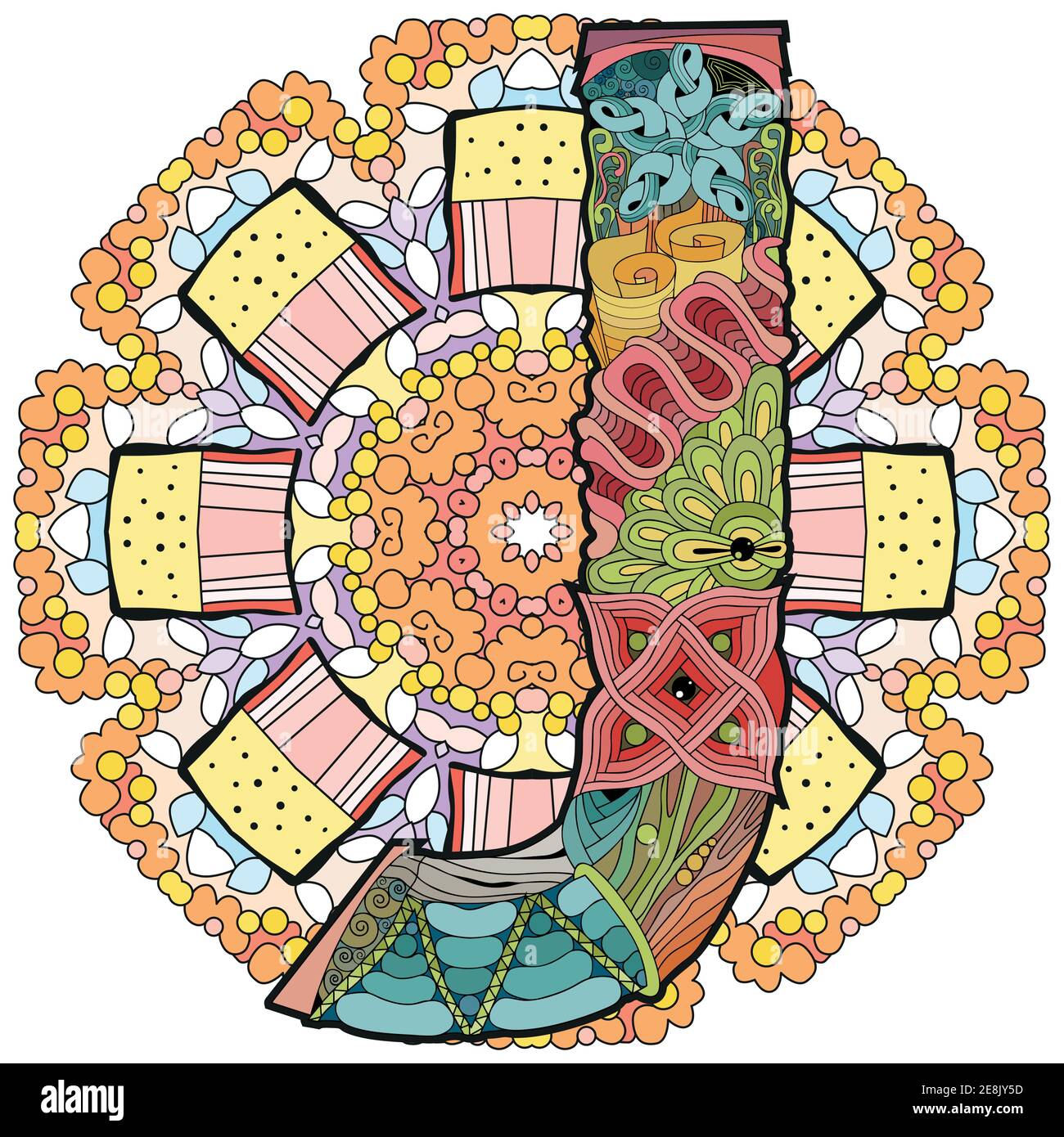 Hand-painted art design. Hand drawn illustration mandala with letter J ...