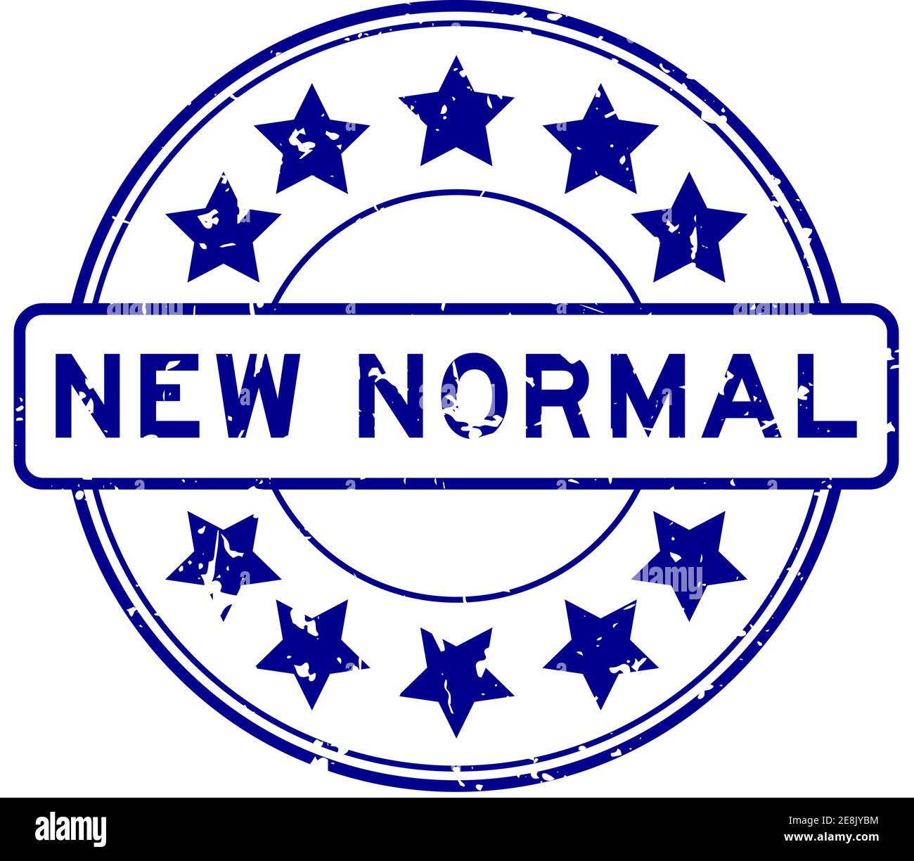 Grunge blue new normal word with star icon round rubber seal stamp on ...