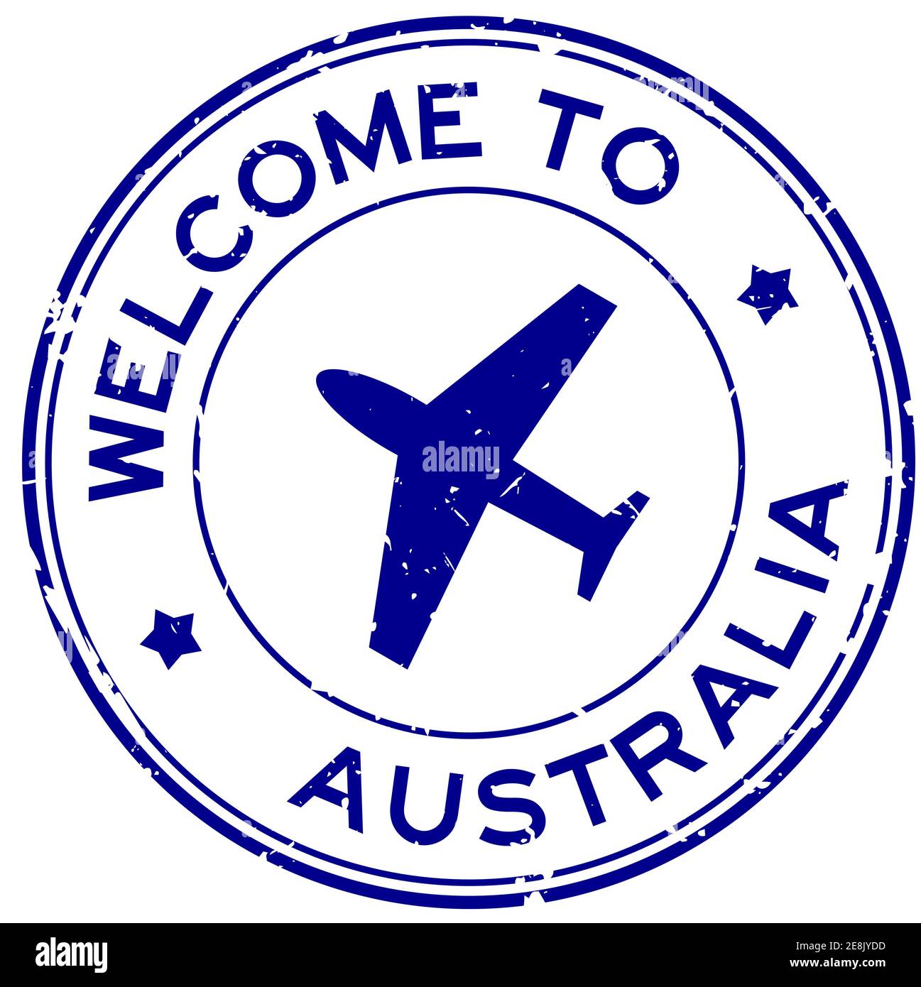 Grunge blue welcome to Australia word with airplane icon round rubber ...