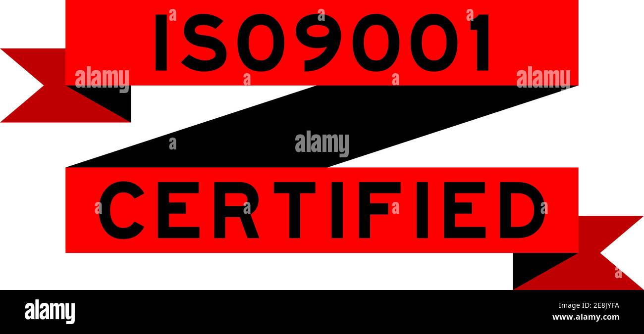 Vintage red color ribbon banner with word ISO 9001 certified on white ...