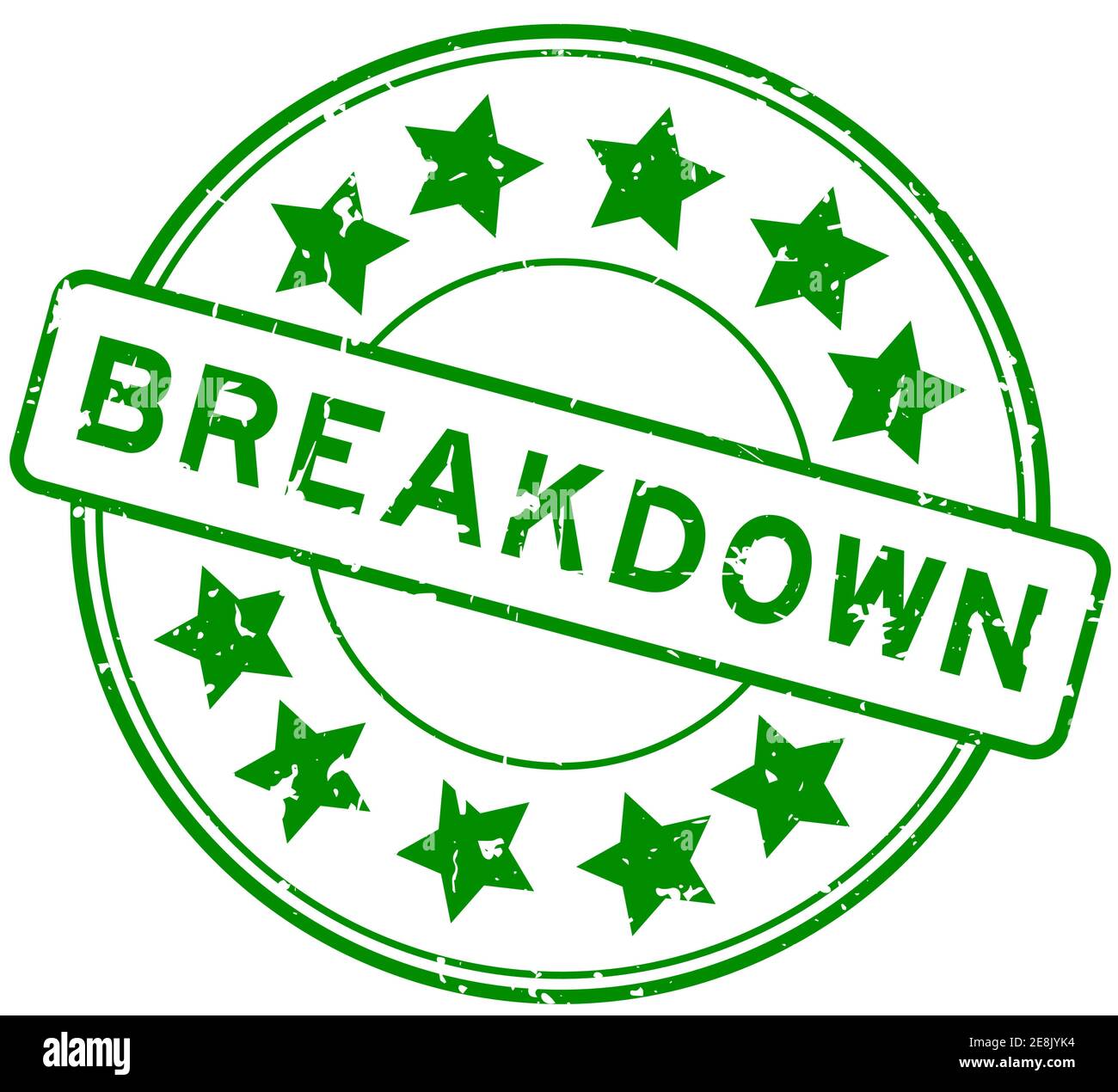Grunge breakdown word with star icon round rubber seal stamp on white ...