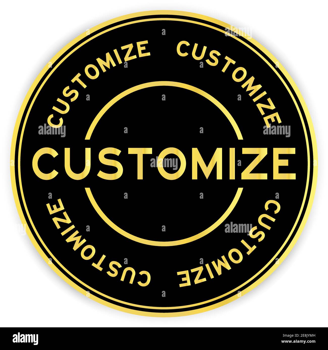 Black and gold color round sticker with word customize on white ...