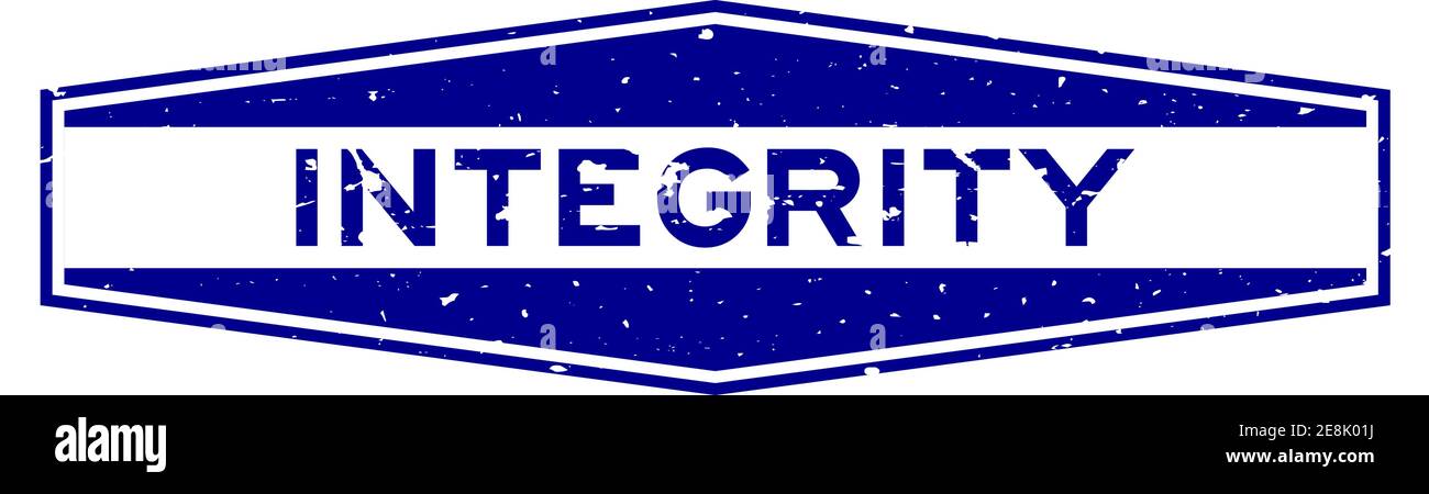 Grunge blue integrity word hexagon rubber seal stamp on white ...