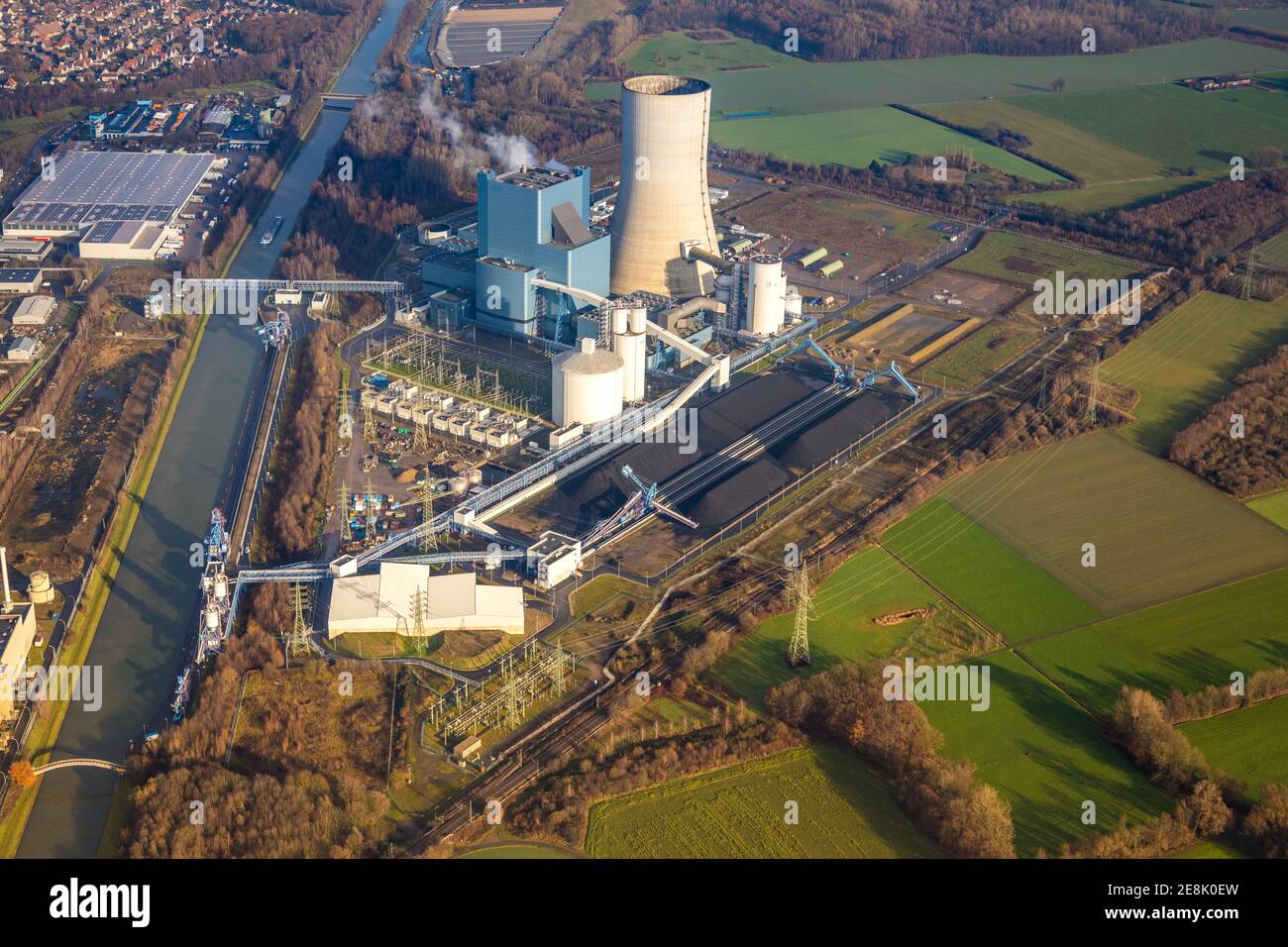 Aerial view of Datteln 4 power plant, EON4 a coal-fired power plant at ...