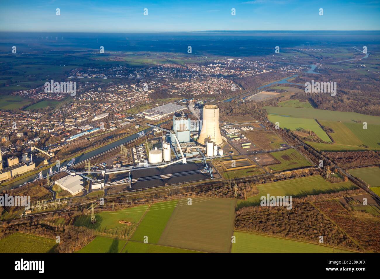 Aerial view of Datteln 4 power plant, EON4 a coal-fired power plant at ...