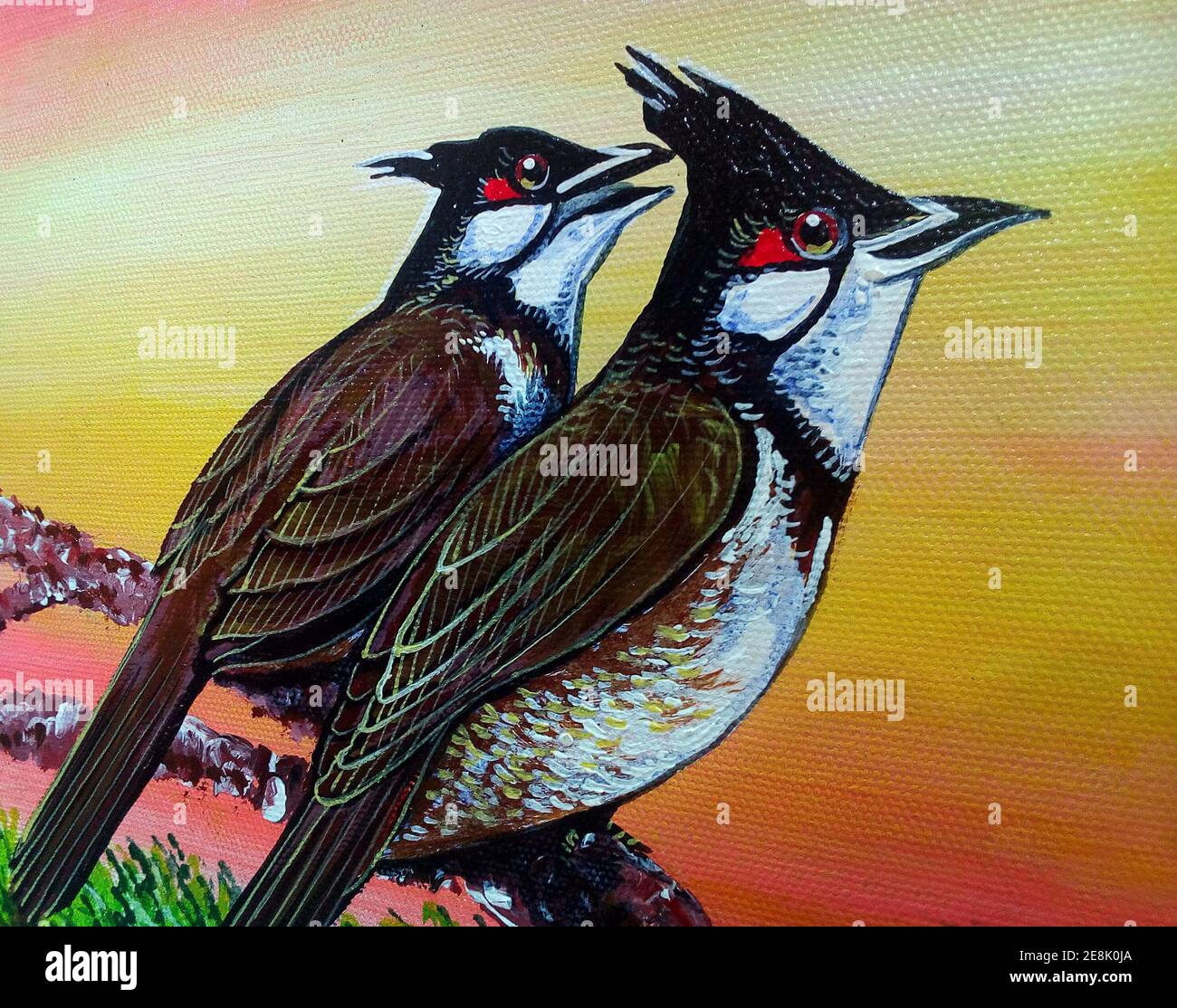 Art painting oil color animal spigot bird Red-whiskered bulbul Stock ...
