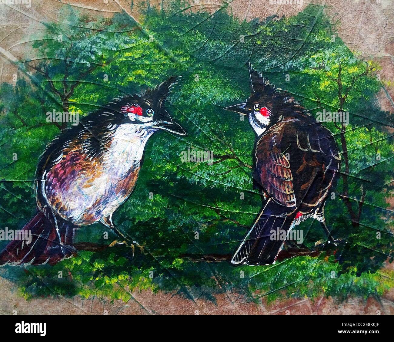 Art painting oil color animal spigot bird Red-whiskered bulbul Stock ...
