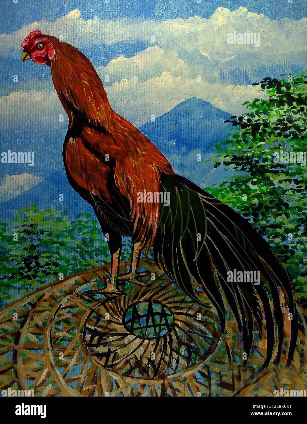 Art painting oil color , chicken, cock, hen,chick , paint brushes ...