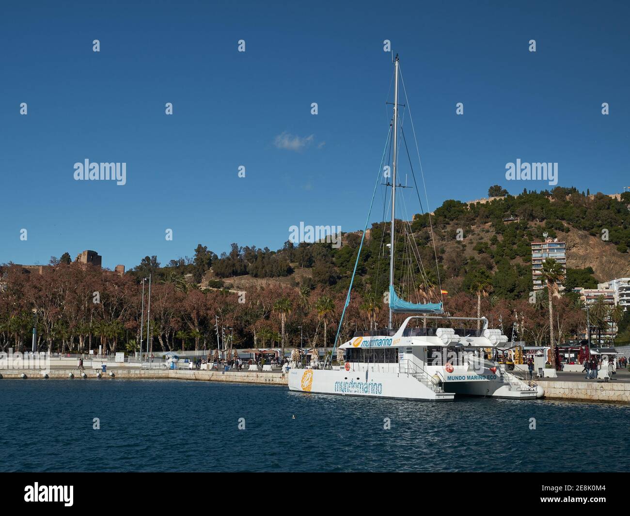 Catamaran for tourist trips in Port of Malaga, Muelle uno, Andalusia ...