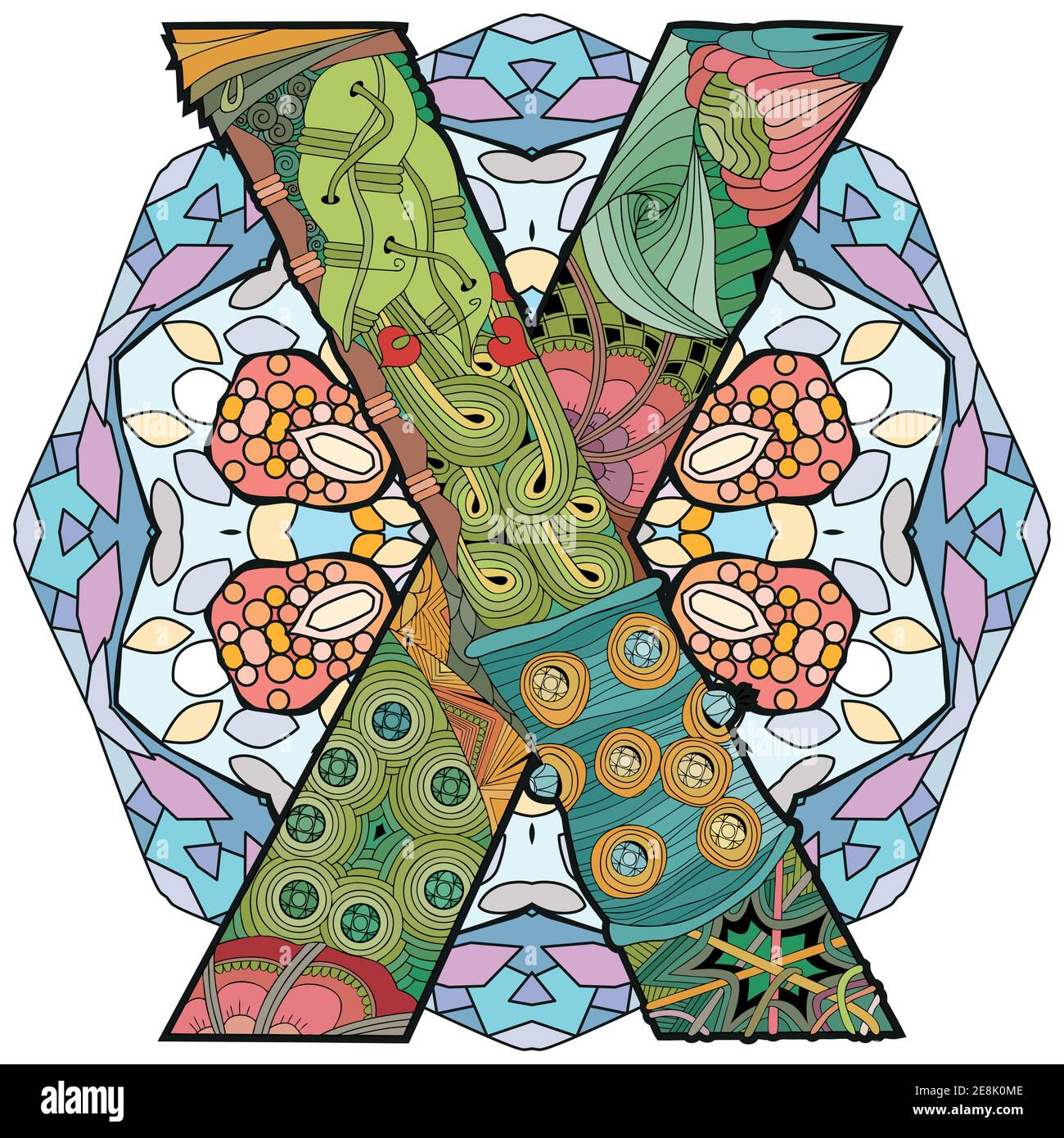 Hand-painted art design. Hand drawn illustration mandala with letter X ...