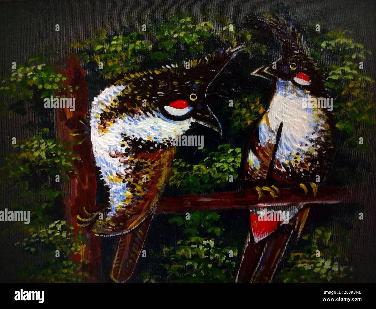 Art painting oil color animal spigot bird Red-whiskered bulbul Stock ...