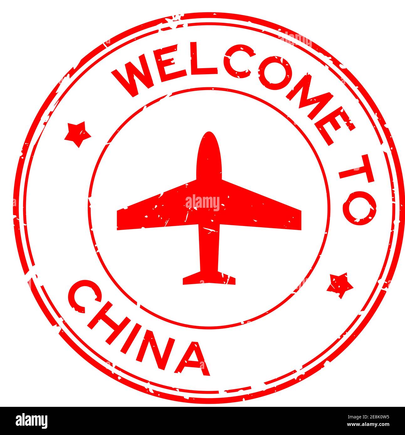 Grunge red welcome to China word with airplane icon round rubber seal ...