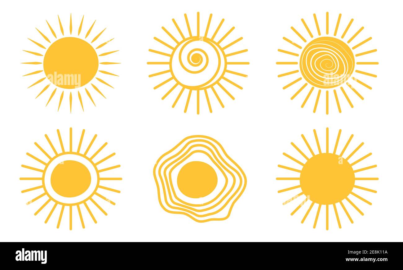 Yellow doodle sunshine logo icon sun. Warm star drawing set. Hot sun ...