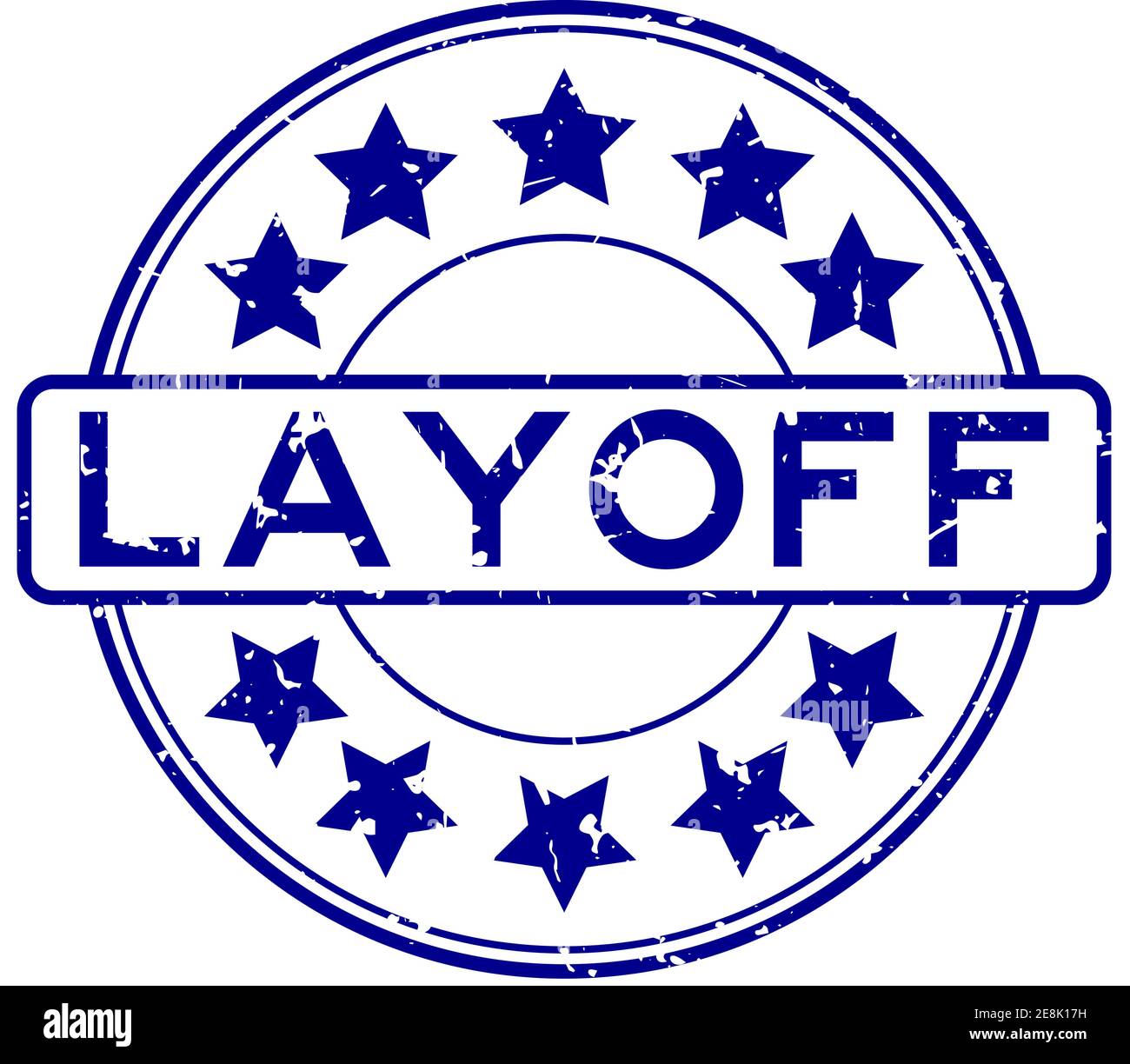Grunge blue layoff word with star icon round rubber seal stamp on white ...