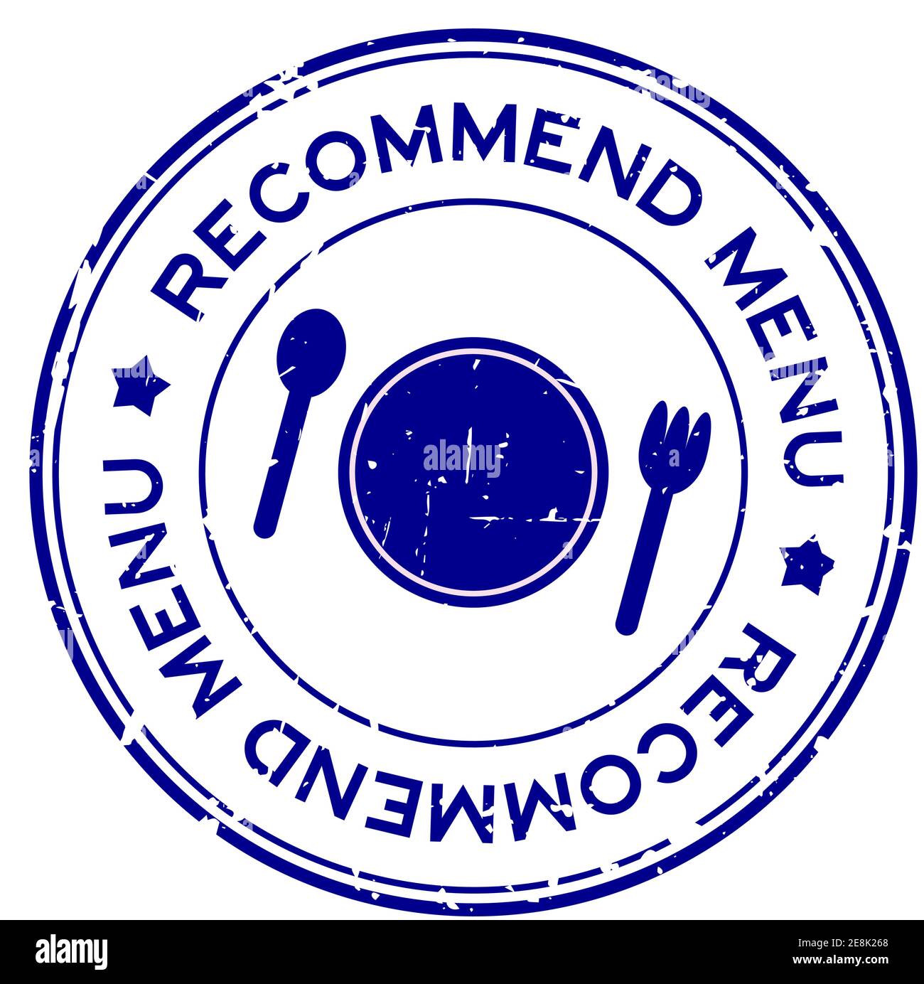 Grunge blue recommended menu word with dish, spoon and fork icon rubber ...