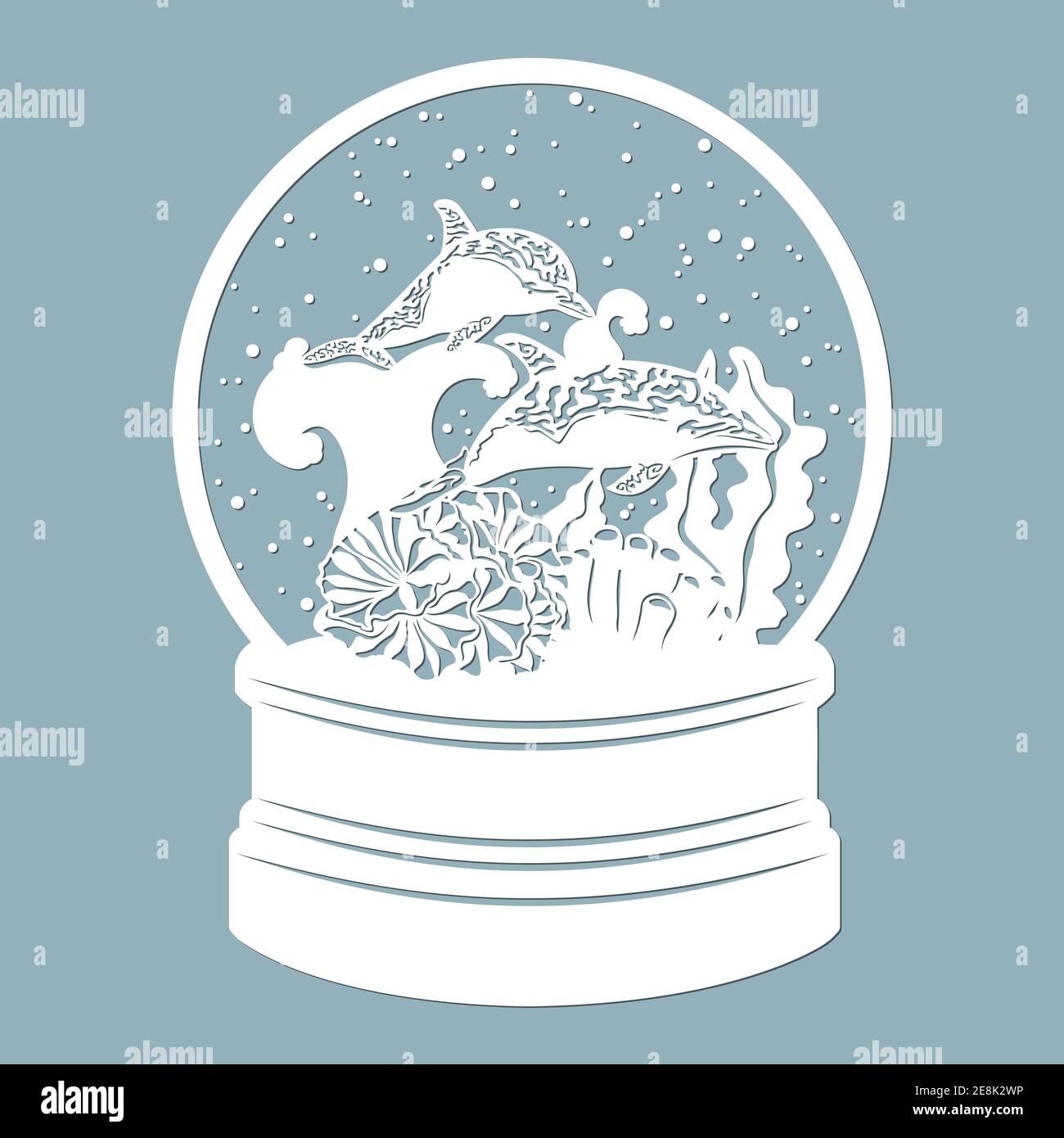Snow globe, dolphins in the waves, seaweed . Laser cutting. Vector ...
