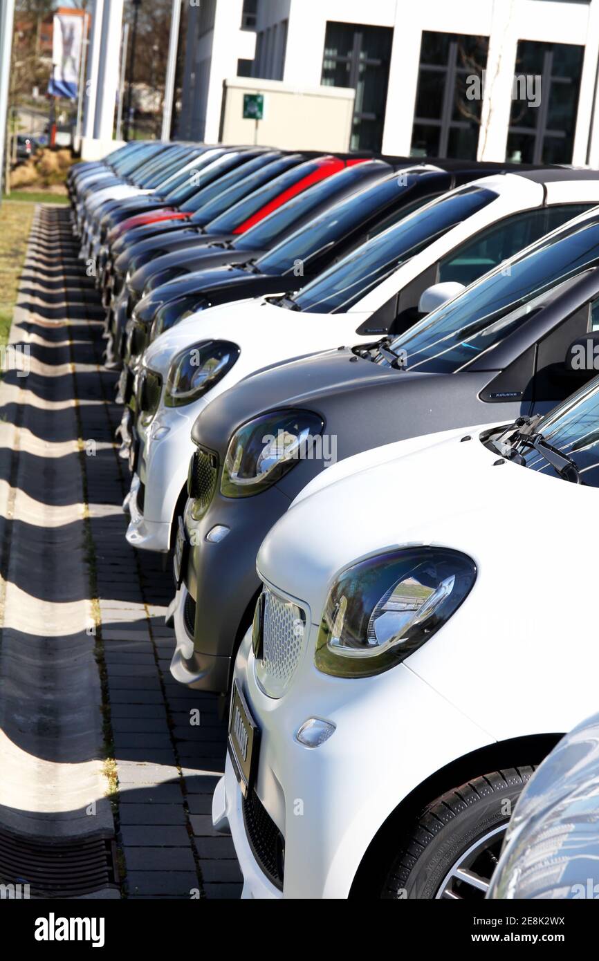 A Smart Fortwo car exhibited in front of the Mercedes Benz dealership ...