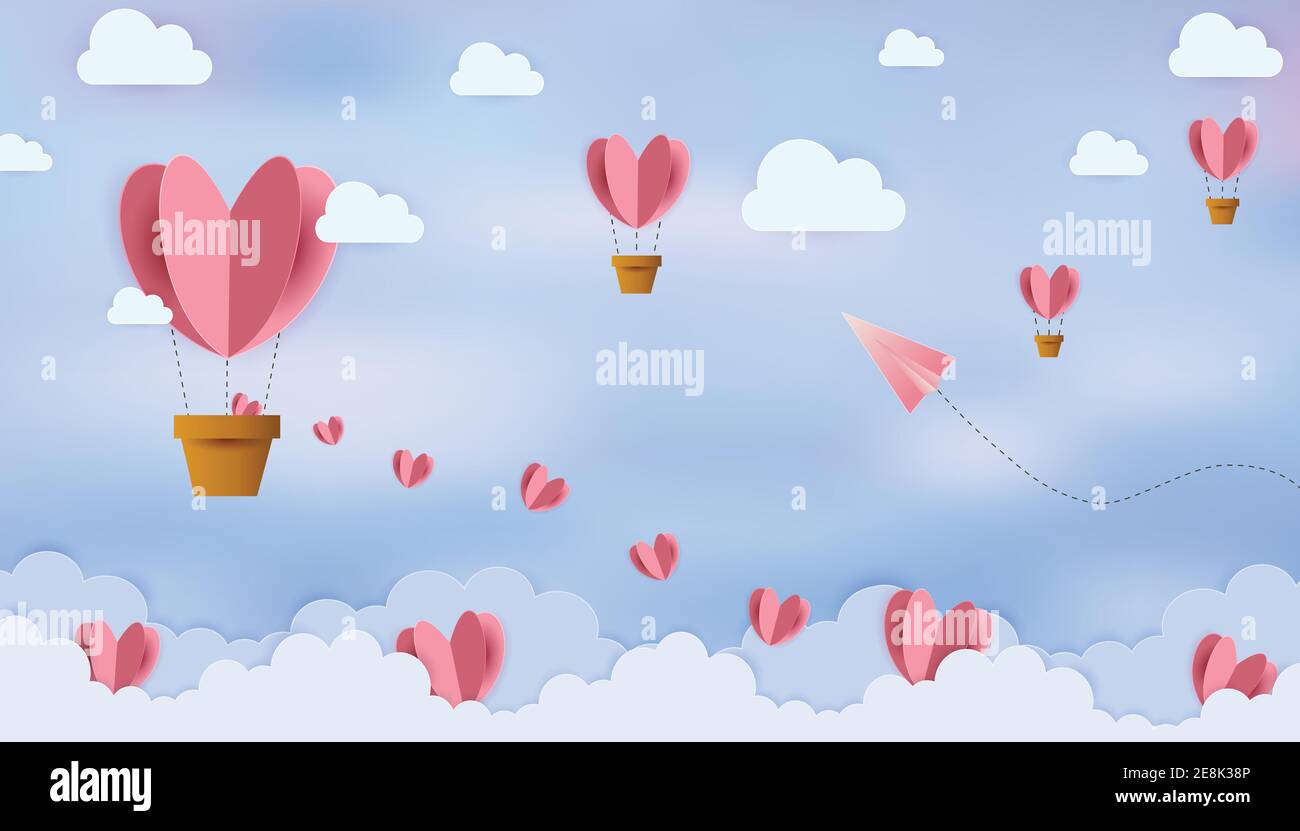 Pink heart hot air balloon flying in the sky. Valentines day background ...