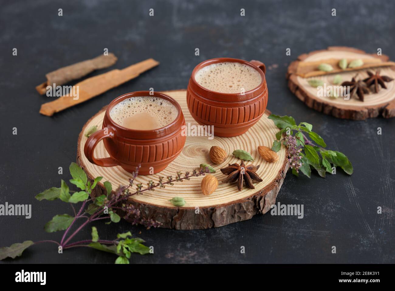 Top view of Indian Masala Chai or traditional beverage with tea, milk ...
