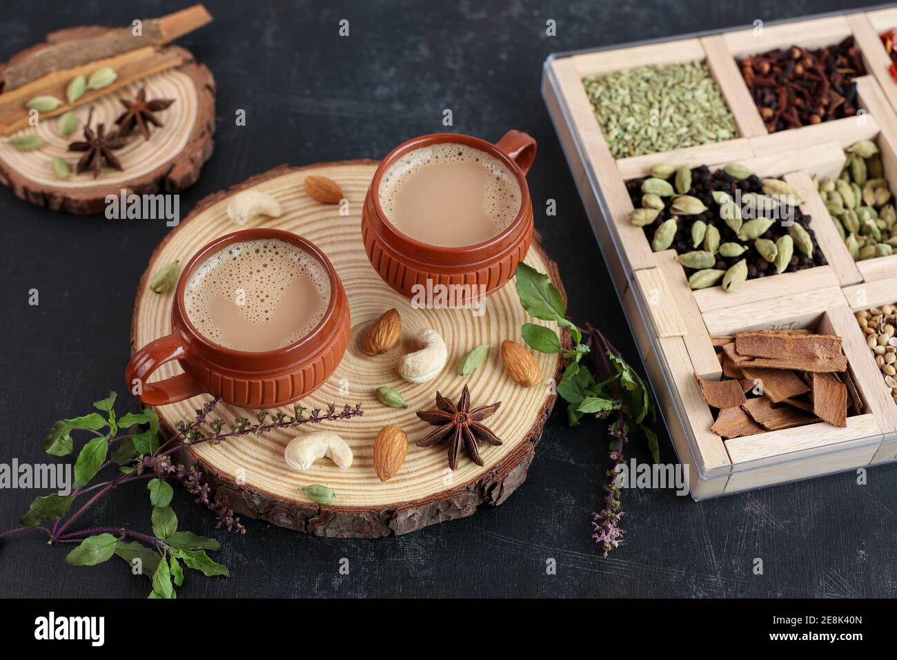 Top view of Indian Masala Chai or traditional beverage with tea, milk ...