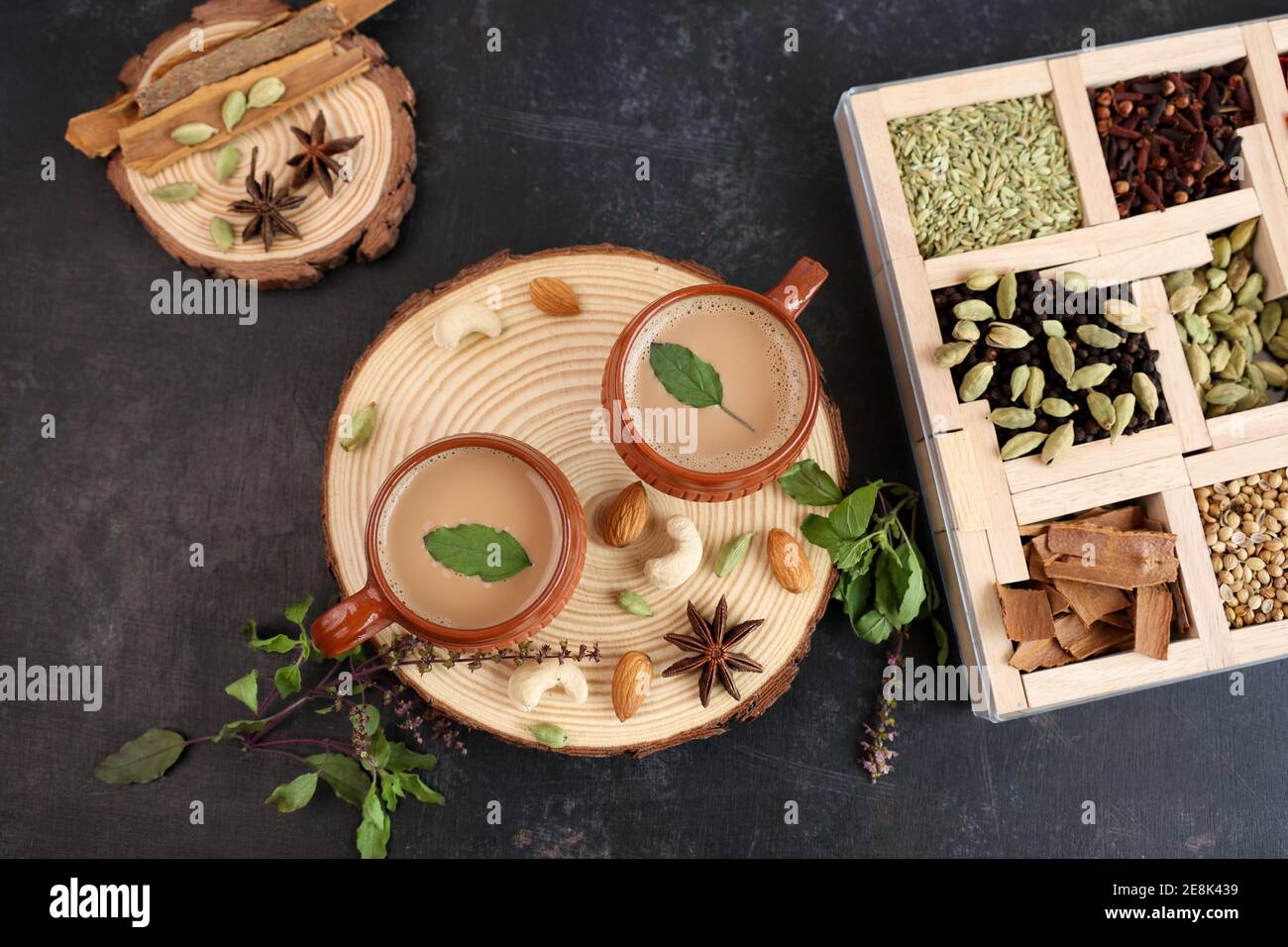 Top view of Indian Masala Chai or traditional beverage with tea, milk ...