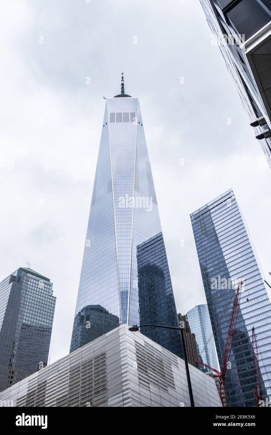 view looking up WTC tower one world observatory in New York city next ...