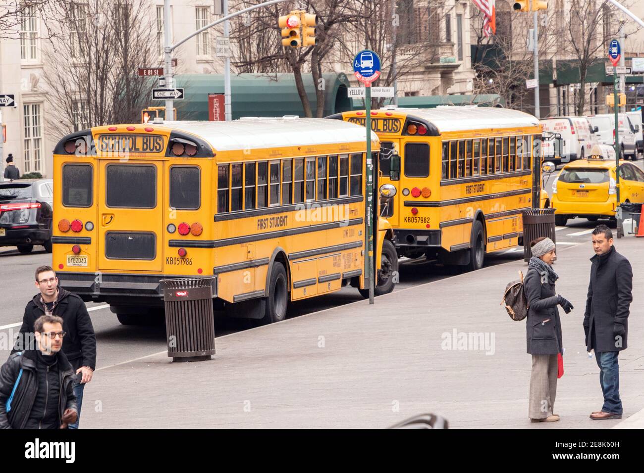 line of yellow school buses outside The Metropolitan Museum of Art ...